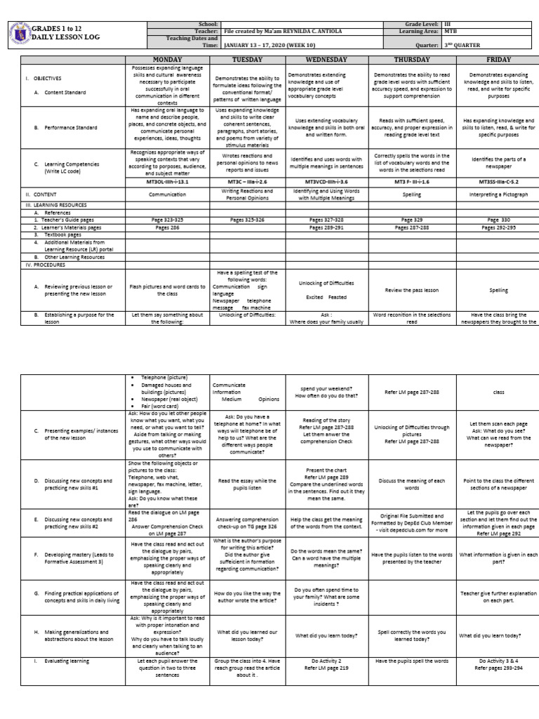 DLL - MTB 3 - Q3 - W10 | PDF | Vocabulary | Communication