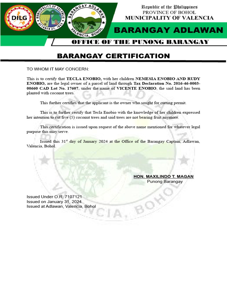 Barangay Certification for Tree Cutting | PDF