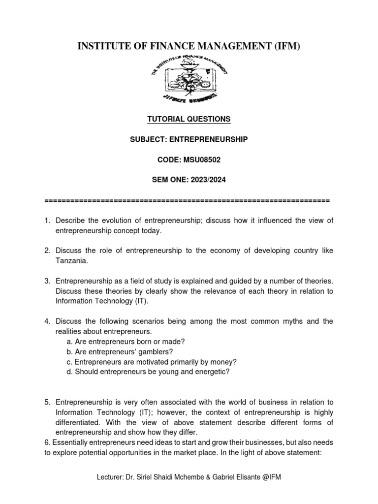 Entrepreneurship Tutorial Questions 2023 | PDF | Entrepreneurship ...
