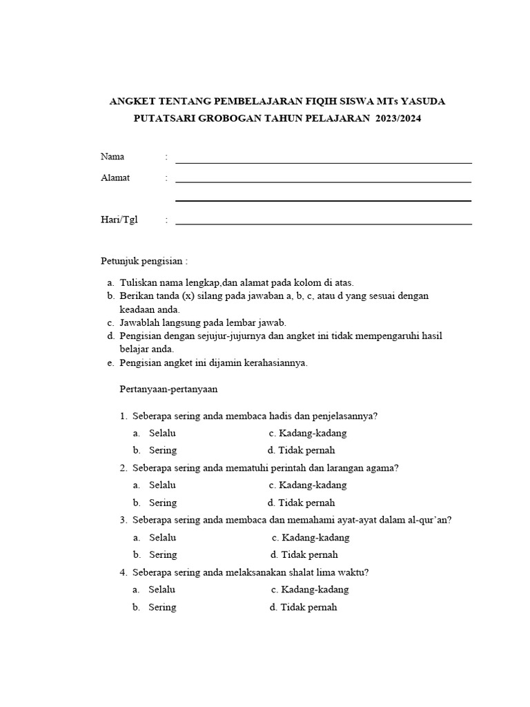 Angket Tentang Fiqih | PDF | Pengembangan Diri