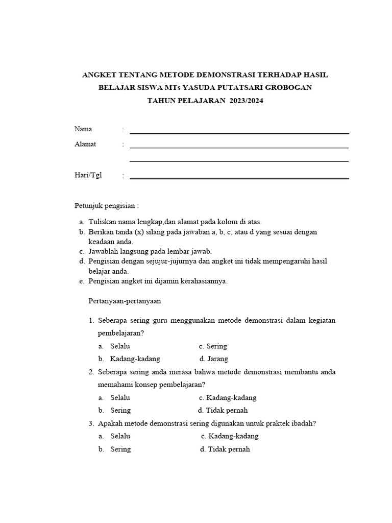 Angket Tentang Metode Demonstrasi | PDF