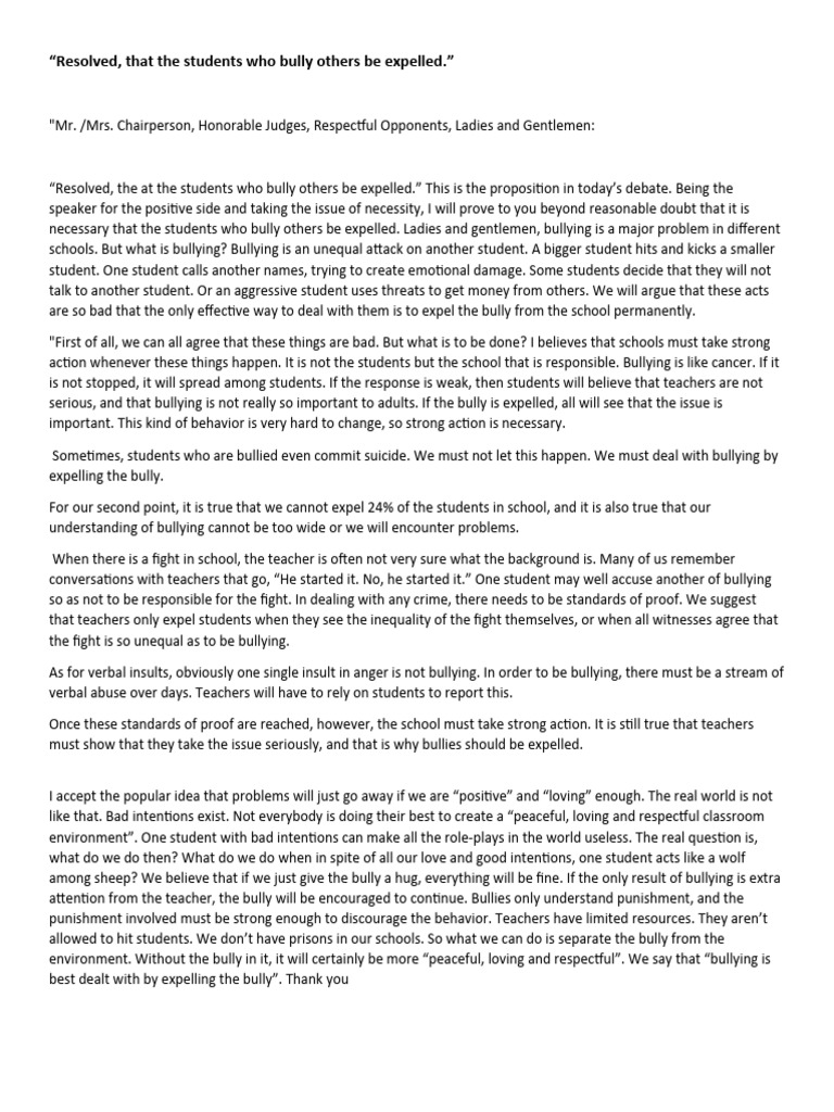 Constructive Speech Final | PDF | Bullying | Aggression