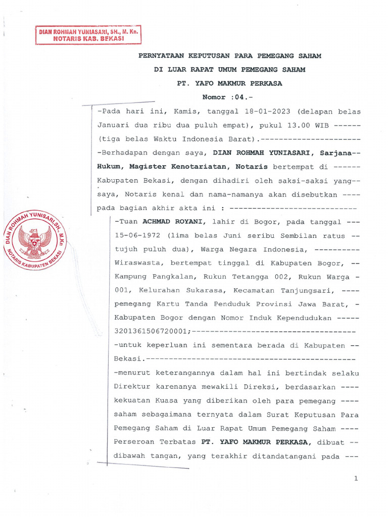 Salinan Akta PT Yafo Makmur Perkasa | PDF