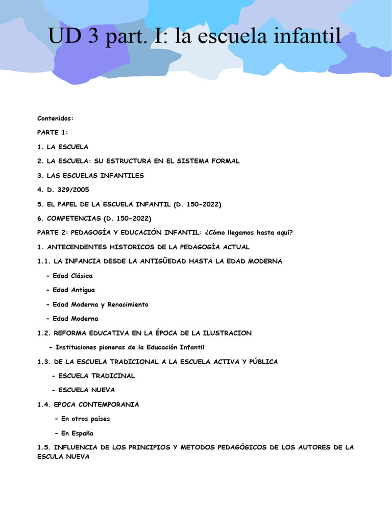 Ud 3 La Ecuela Infantil | Descargar gratis PDF | Educación de la primera infancia | Aprendizaje