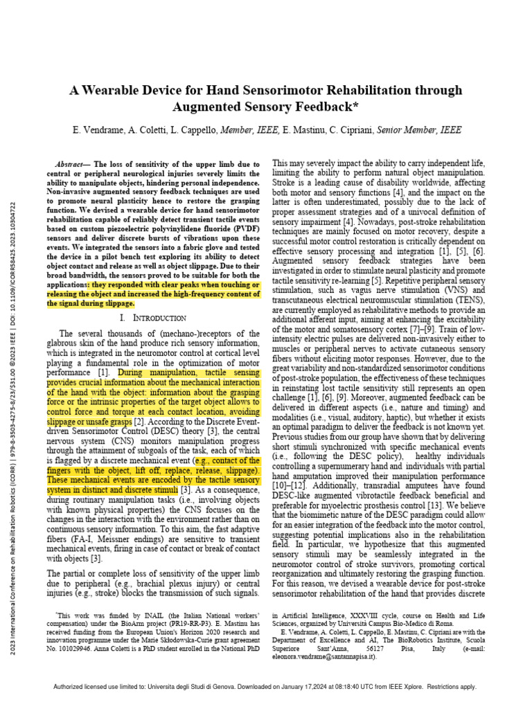 A Wearable Device For Hand Sensorimotor Rehabilitation Through Augmented Sensory Feedback | PDF ...