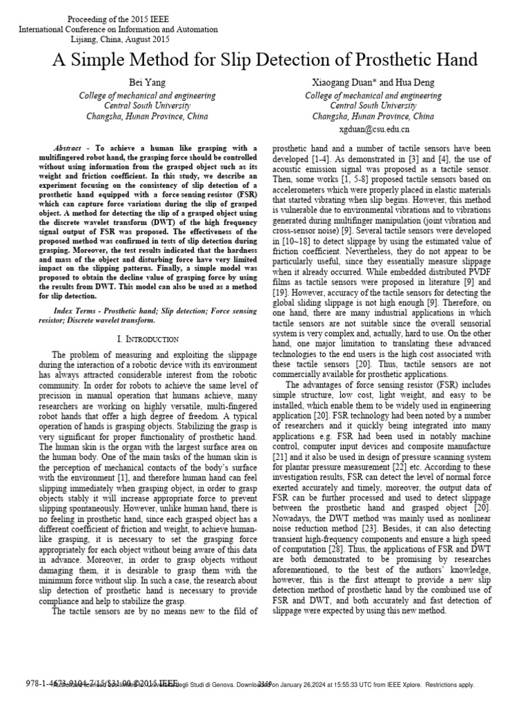 A Simple Method For Slip Detection Of Prosthetic Hand Pdf Force Friction
