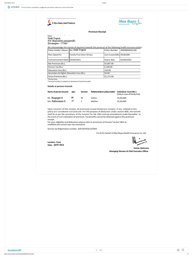 ITR Receipt For Premium | Download Free PDF | Insurance | Taxes