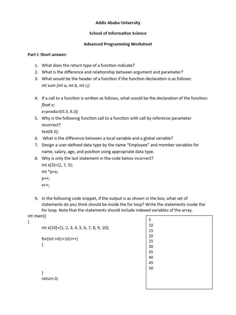 Advanced Computer Programming - Worksheet | PDF | Parameter (Computer ... Advanced Computer Programming - Worksheet | PDF | Parameter (Computer ...