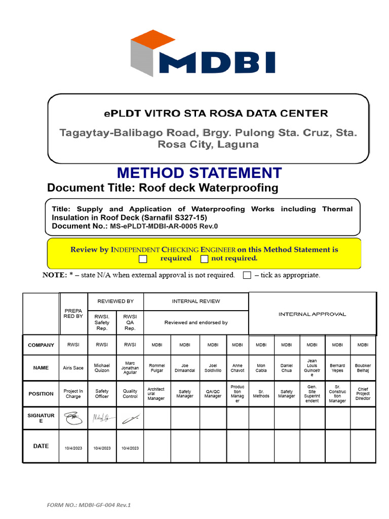 Roof Deck Waterproofing Method Statement | PDF | Electrical Connector ...