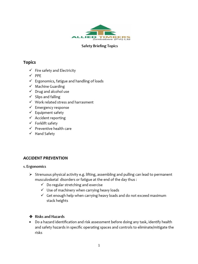 Safety Briefing Topics | PDF