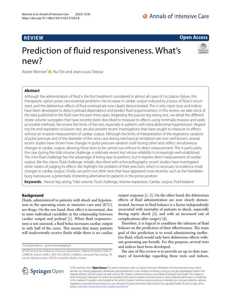 Monnet 2022 Prediction of Fluid Responsiveness | PDF | Science ...