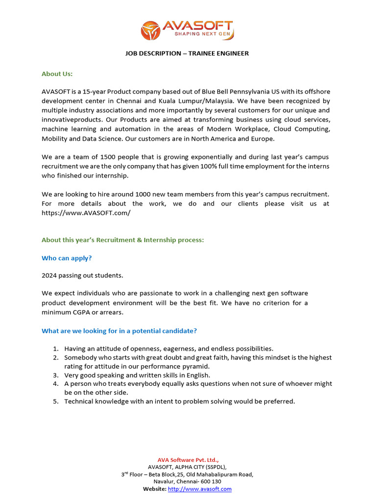 Trainee Engineer - Avasoft - 2024 | PDF | Internship | Job Hunting