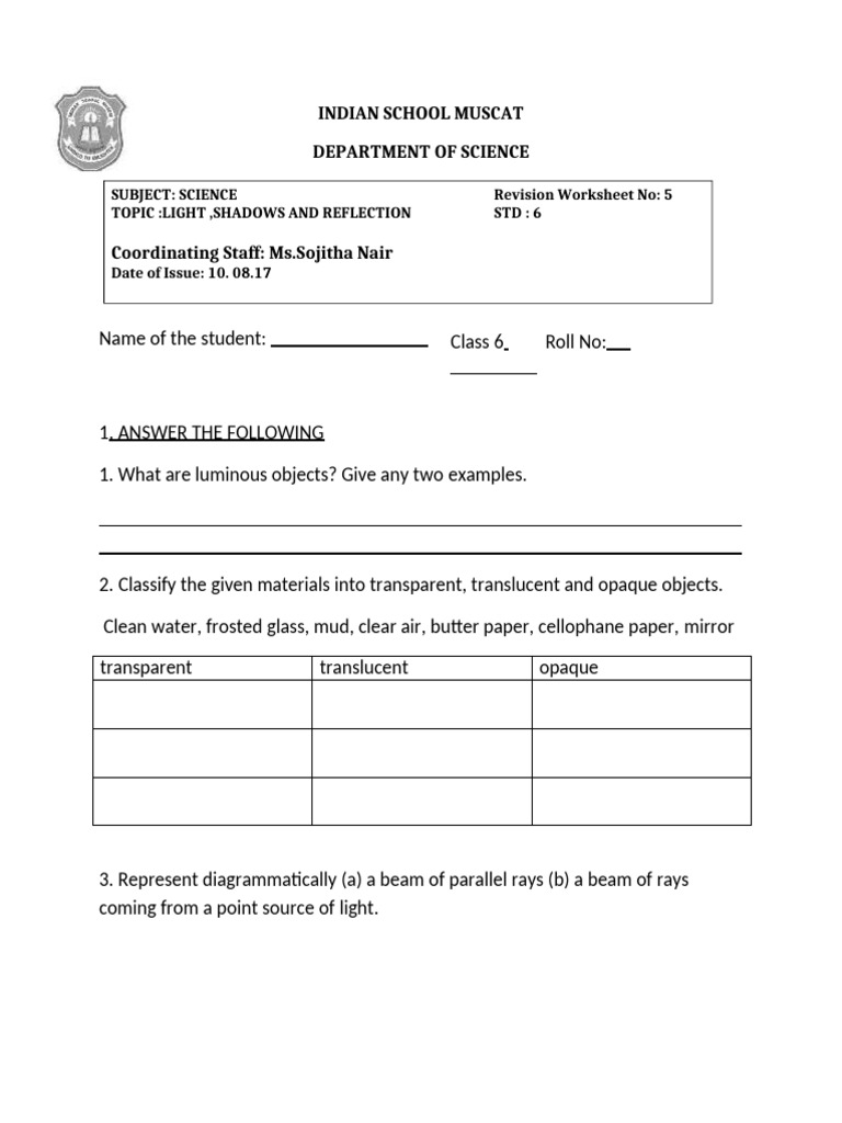 Class VI-Science- Light,shadows and reflection - Work Sheet-محول | PDF