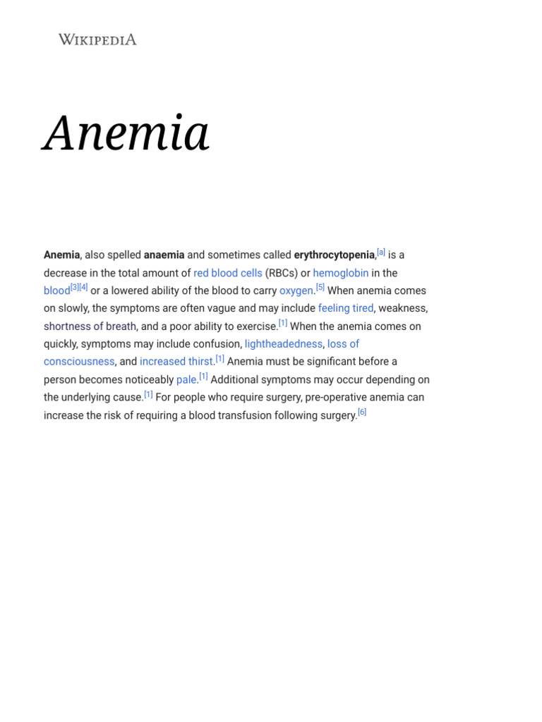 Anemia - Wikipedia | PDF | Anemia | Red Blood Cell