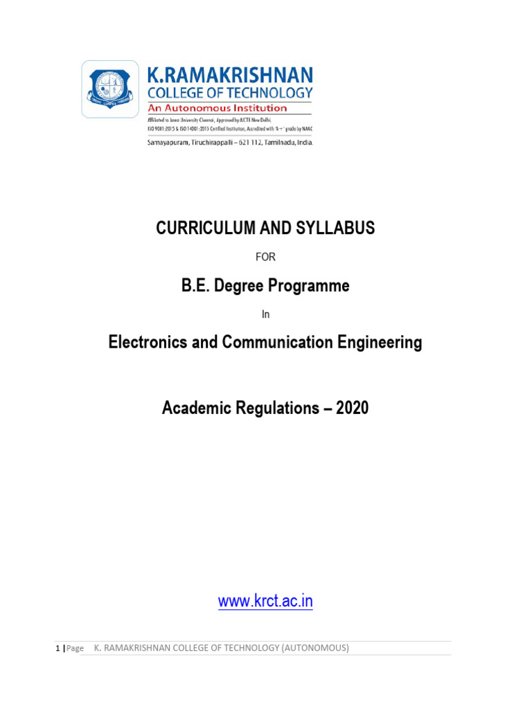 Curriculum and Syllabus B.E. Degree Programme Electronics and Communication Engineering | PDF ...
