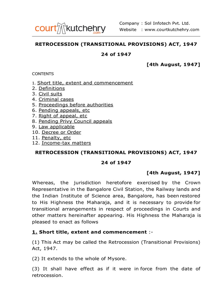 Retrocession (Transitional Provisions) Act, 1947 | PDF | Appeal | Lawsuit