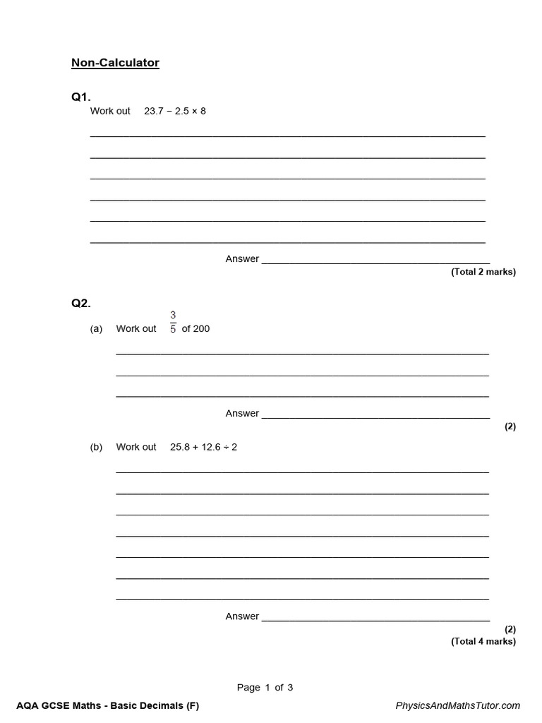 Basic Decimals (F) QP - AQA GCSE Maths | PDF | Mathematics | Arithmetic
