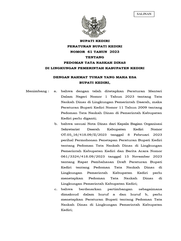 Perbup Nomor 61 Tahun 2023 Tentang Tata Naskah Dinas | PDF