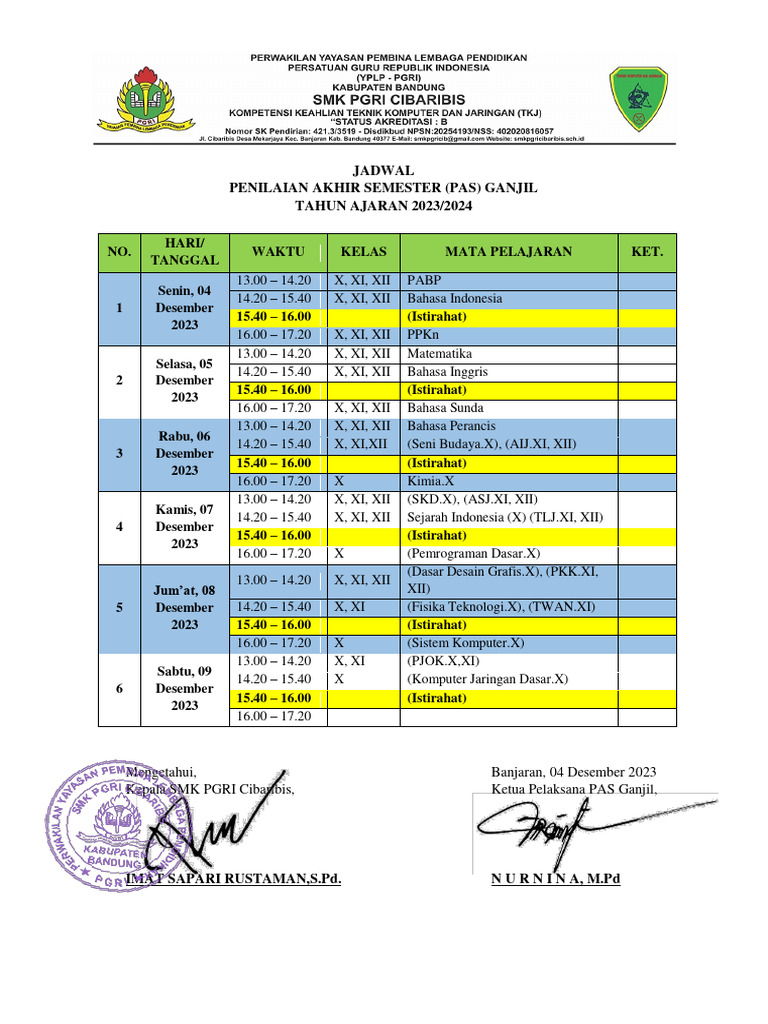 JADWAL PAS Ganjil T.A 2023-2024 | PDF