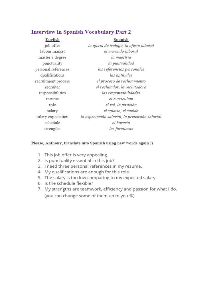 Spanish Job Interview Terms | PDF