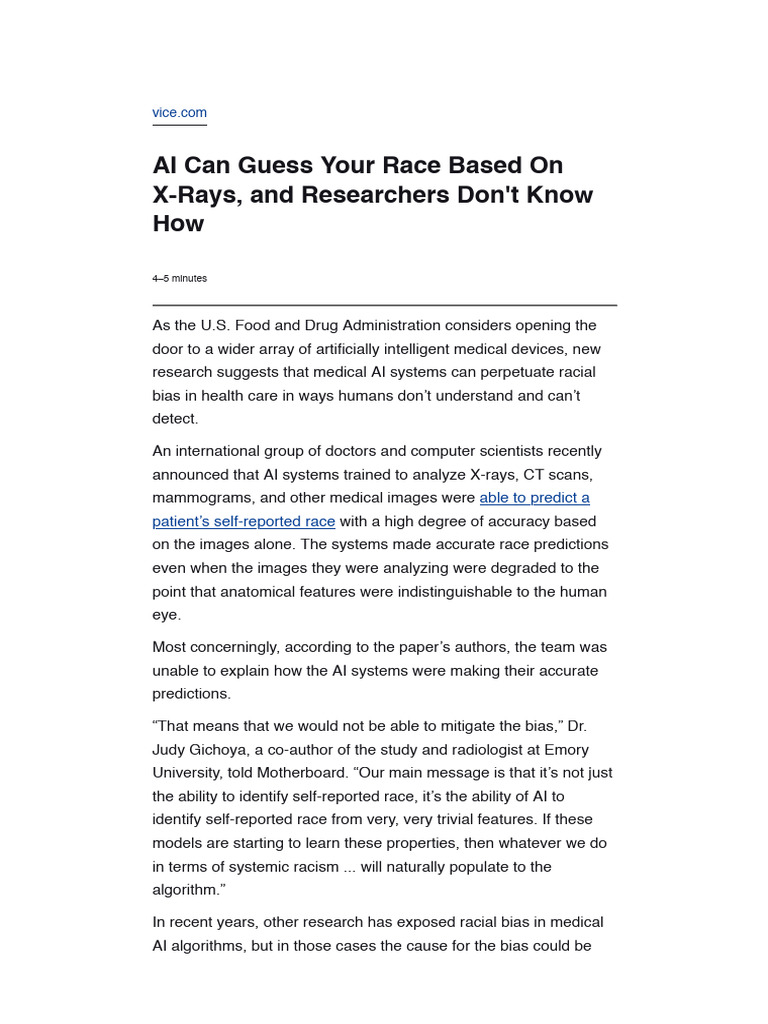 S4 VICE - AI Can Guess Your Race Based On X-Rays, and Researchers Don't ...