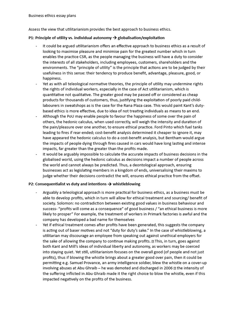 Business Ethics Essay Plans | Download Free PDF | Utilitarianism | Business Ethics