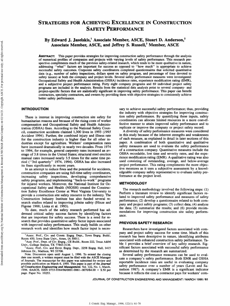 (Asce) 0733-9364 (1996) 122 1 | PDF | Occupational Safety And Health | Employment