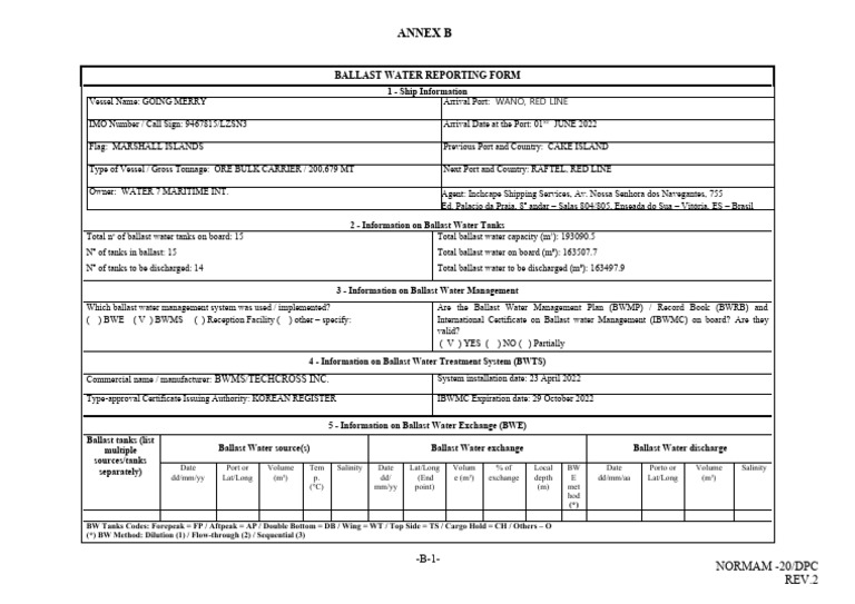 Ballast Water Reporting form-NORMAM 020-DPC | PDF | Water | Freight Transport