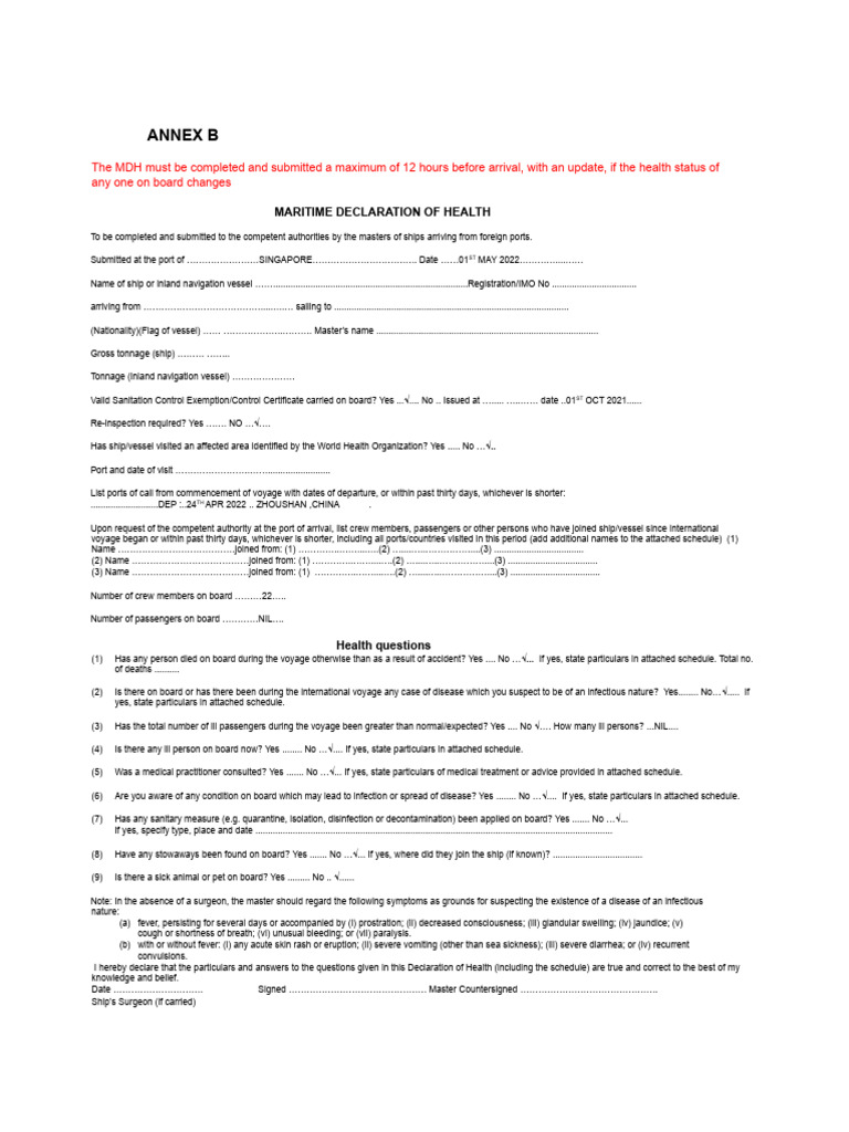 05. Maritime Declaration Of health | PDF | Port | Ships