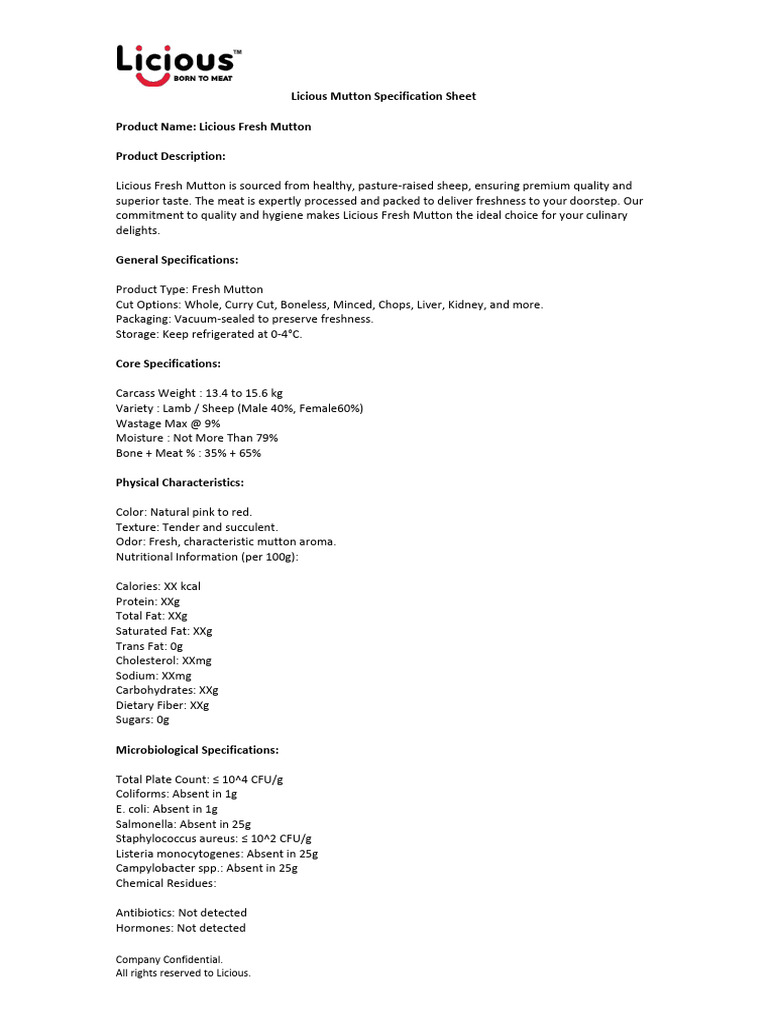 Licious Mutton Specification Sheet | PDF