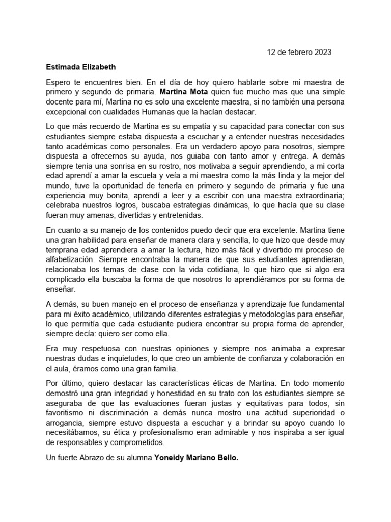 Carta a mi maestra Martina Mota | PDF | Amor | Aprendizaje