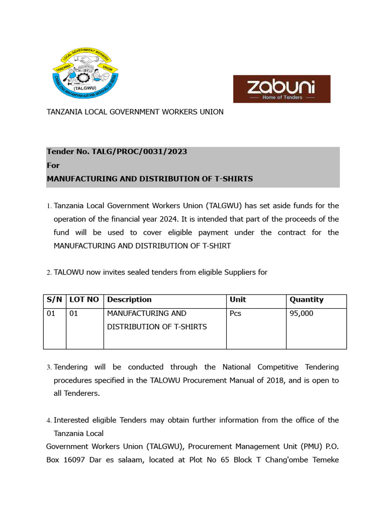 TALGWU Tender | PDF | Procurement | Tanzania