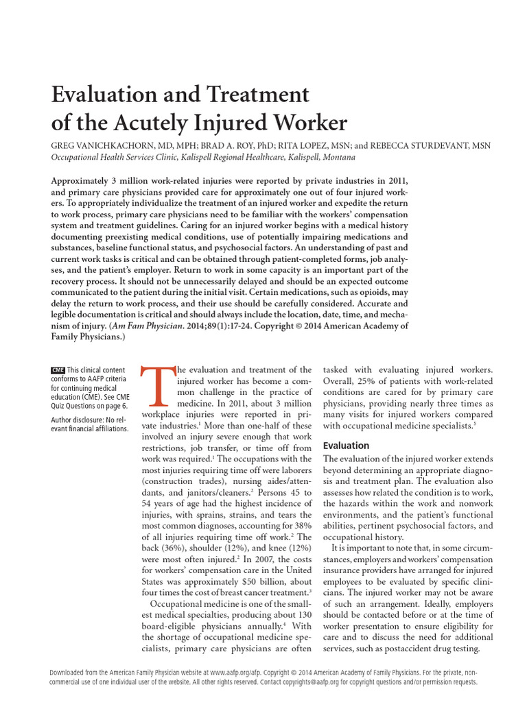 AAFP Evaluation and Treatment of The Acutely Injured Worker | PDF ...