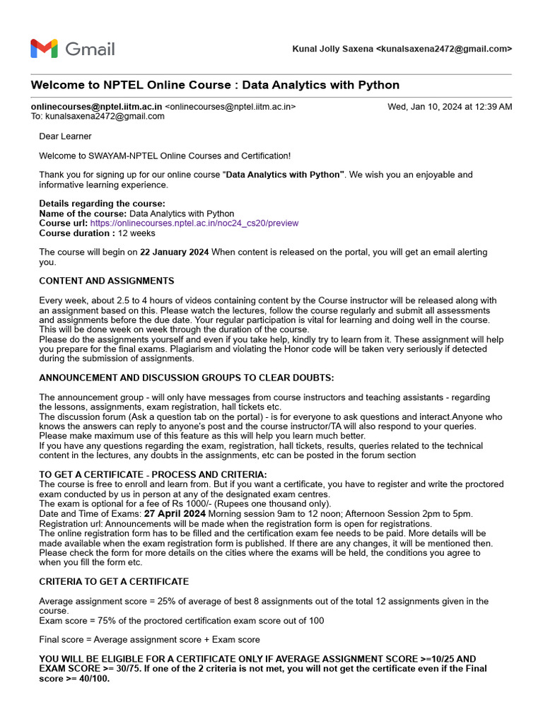 Gmail - Welcome To NPTEL Online Course - Data Analytics With Python | PDF