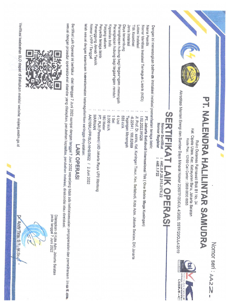 Sertifikat Laik Operasi (Listrik) | PDF