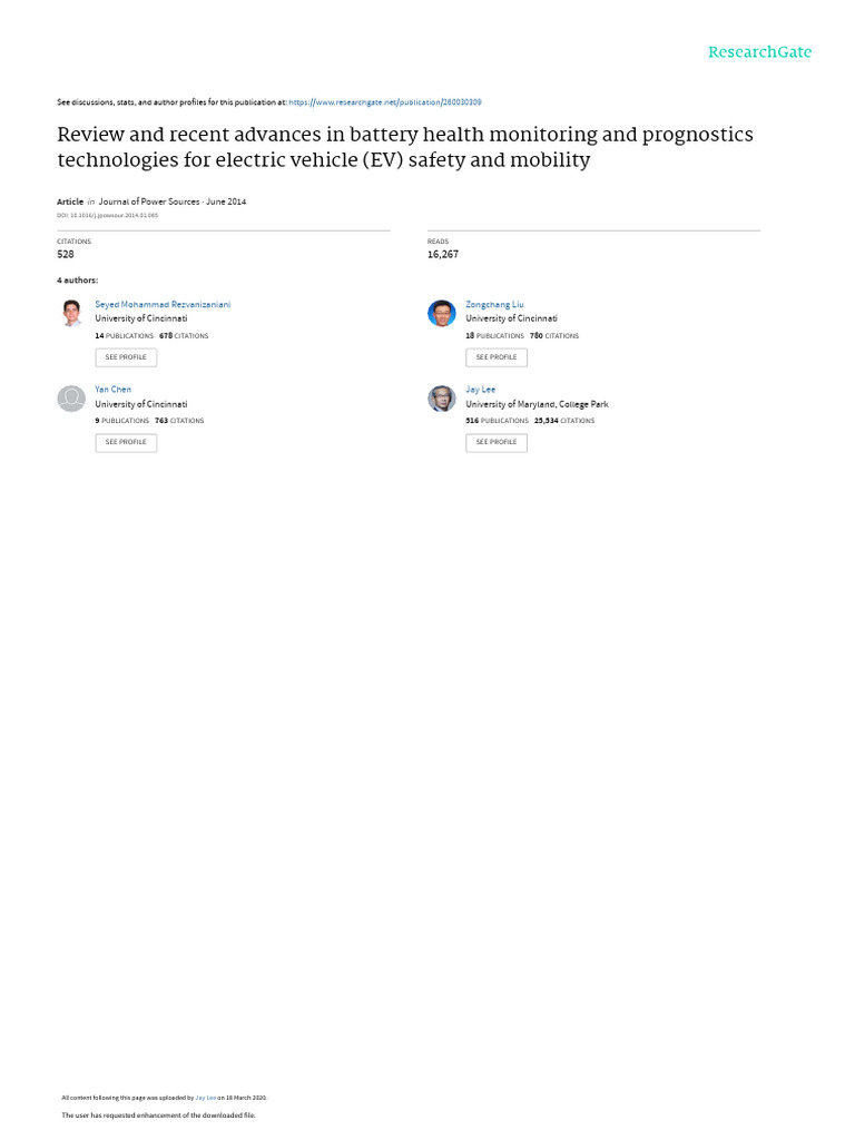 Review and Recent Advances in Battery Health Monitoring and Prognostics Technologies For ...