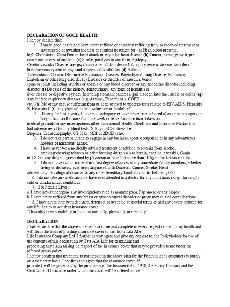 Declaration of Good Health | PDF | Insurance | Lung