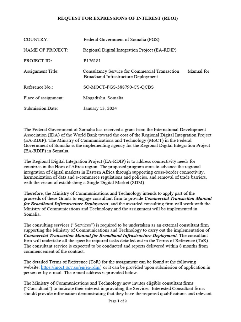 CTM REOI EA-RDIP Somalia-004 | PDF | Consultant | Somalia