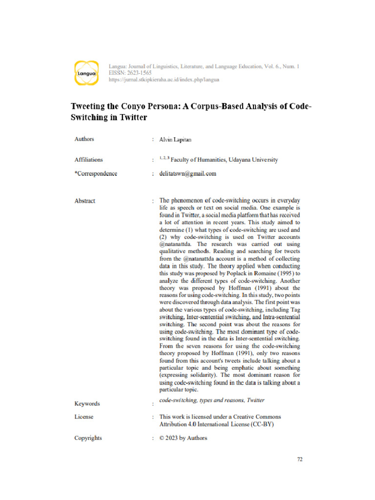 Tweeting The Conyo Persona: A Corpus-Based Analysis of Code-Switching in Twitter | PDF