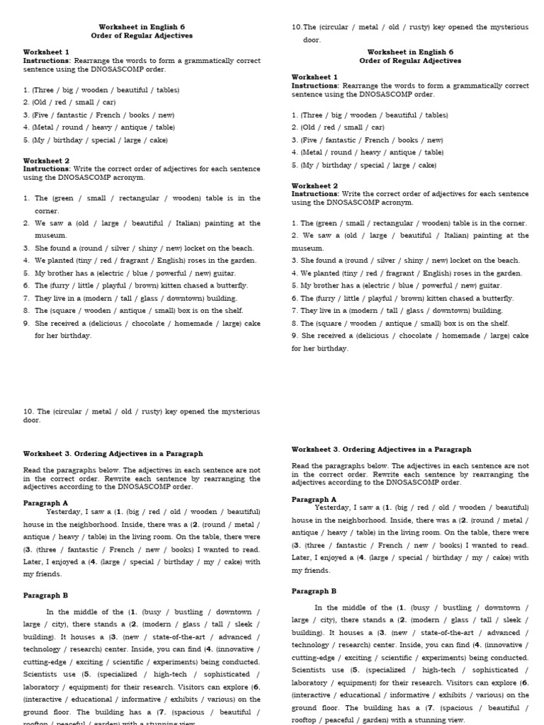 Order of Adjectives Worksheet | PDF