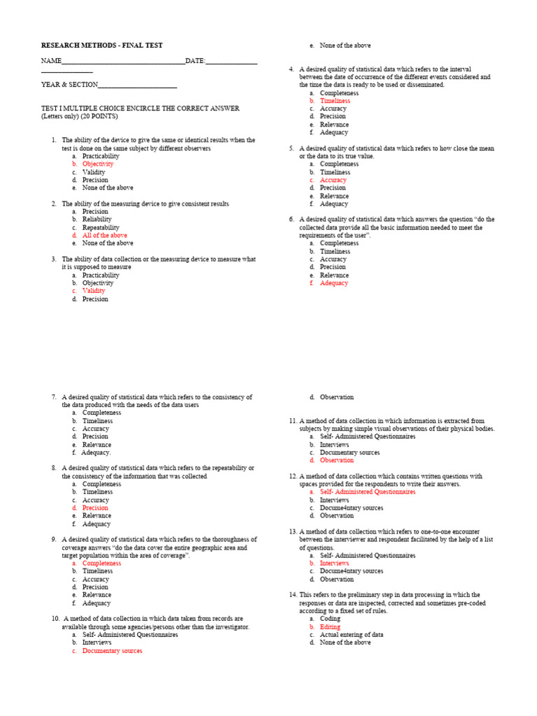 FINAL TEST Research Methods | PDF | Accuracy And Precision | Level Of ...