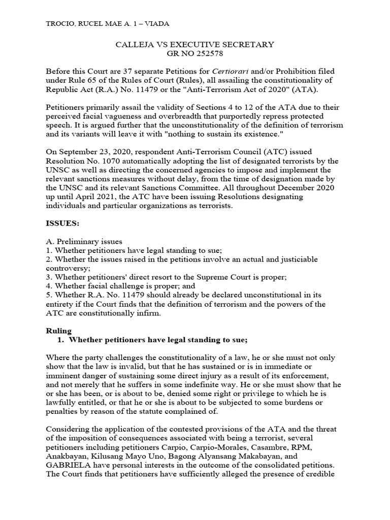 Calleja Vs Executive Secretary Digest | PDF | Facial Challenge | Overbreadth Doctrine