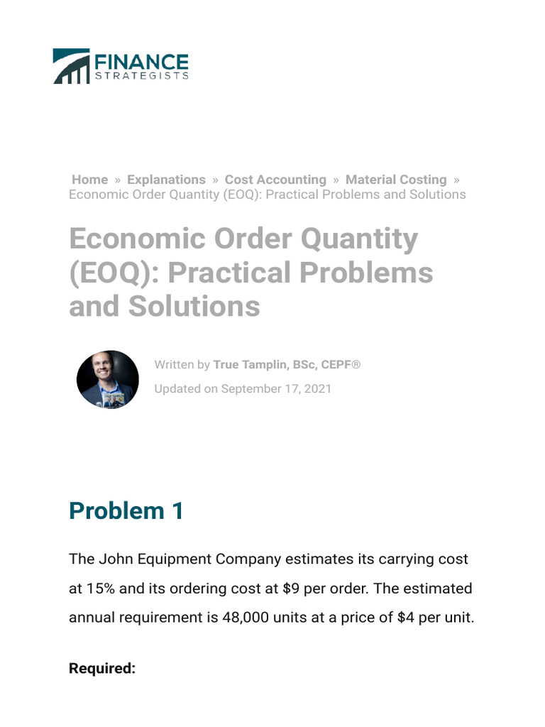 Economic Order Quantity (EOQ) - Practical Problems and Solutions | PDF | Inventory | Accounting