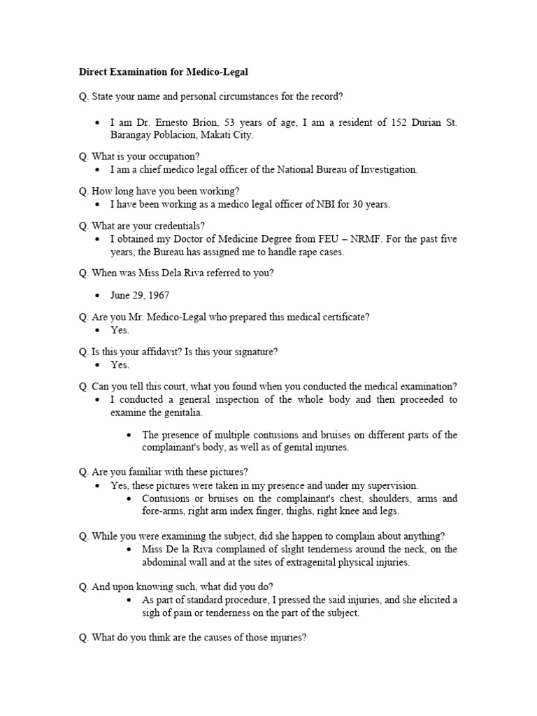 Medico Legal Direct Examination | PDF | Rape | Physical Examination