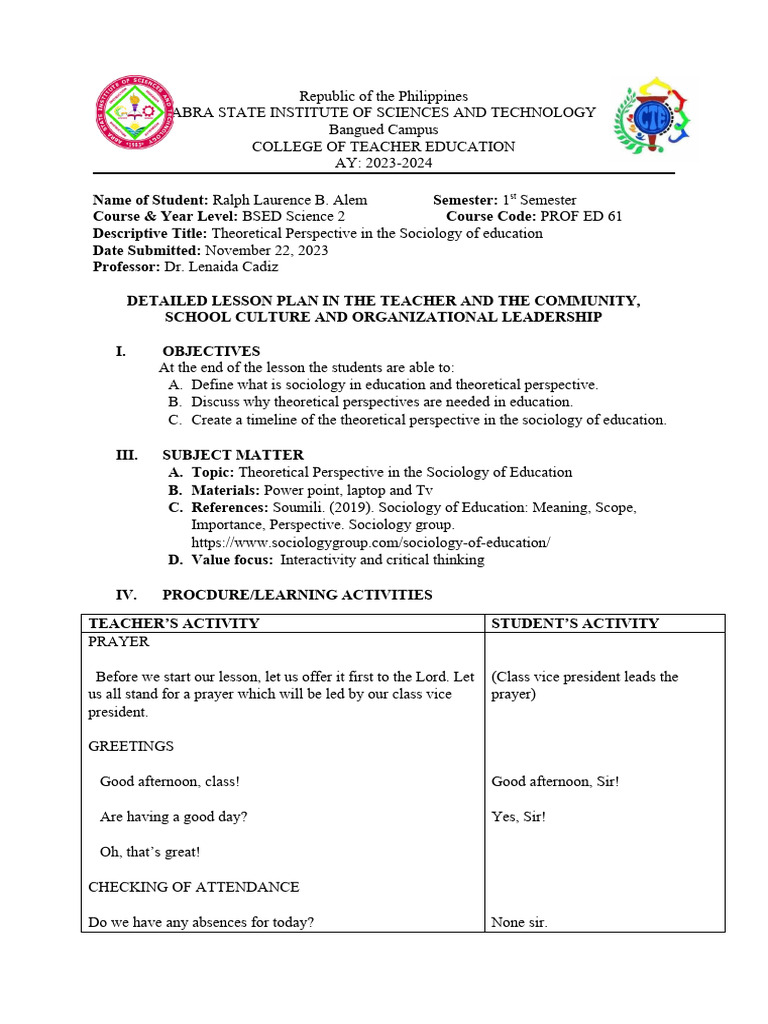 Lesson Plan Prof Ed 61 | Download Free PDF | Theory | Sociology