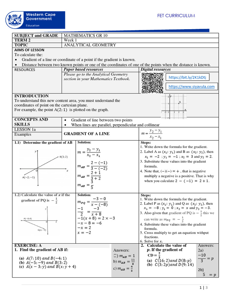 Mathematics Grade 10 Term 2 Week 1 2020 Pdf Line Geometry Analytic Geometry