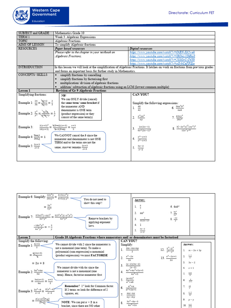 Mathematics Grade 10 Term 1 Week 3 - 2021 | PDF | Division (Mathematics) | Arithmetic