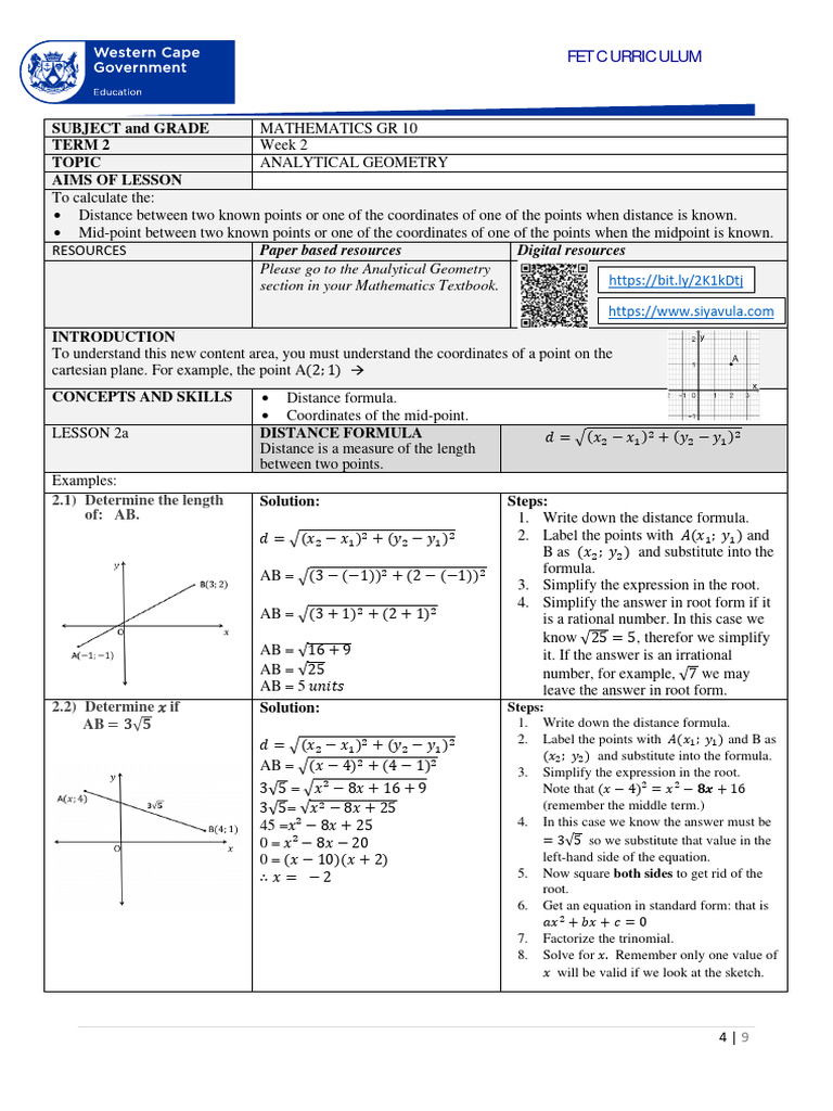 Analytical Geometry: Distance & Midpoint Formulas | PDF | Equations ...