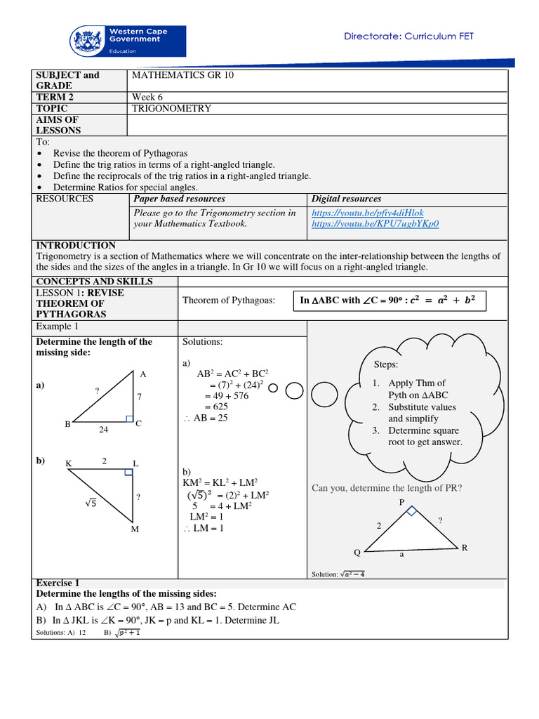 Mathematics Grade 10 Term 2 Week 6 - 2020 | PDF | Trigonometric ...
