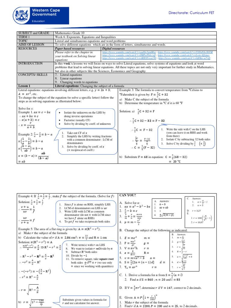 Mathematics Grade 10 Term 1 Week 6 - 2021 | PDF | Equations | System Of ...